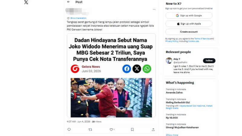 Cek Fakta: Dadan Hindayana Sebut Jokowi Terima Uang Suap MBG 2 Triliun ...